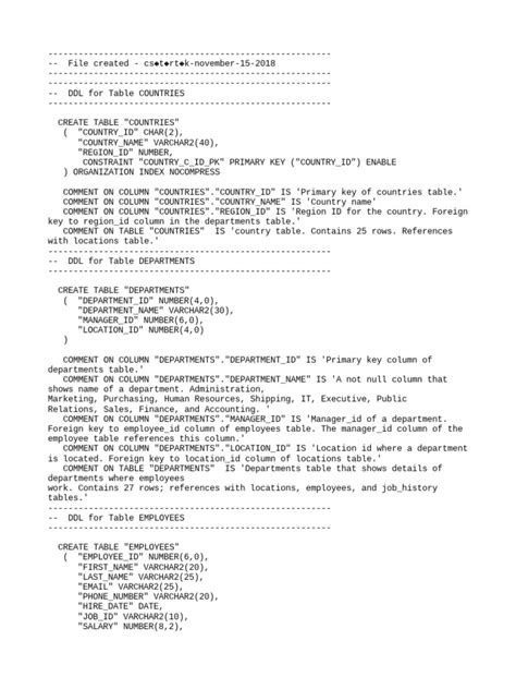 ddl script for creating tables and inserting sample data in an hr