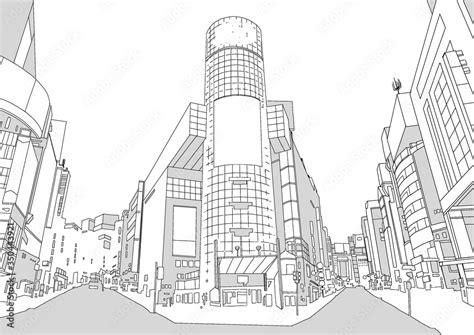 漫画背景の線画です。渋谷のような繁華街。シンプルな線画。 Stock Illustration Adobe Stock
