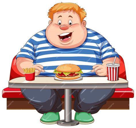 고립 된 레스토랑에서 패스트 푸드를 먹는 중량이 초과 된 남자 무료 벡터