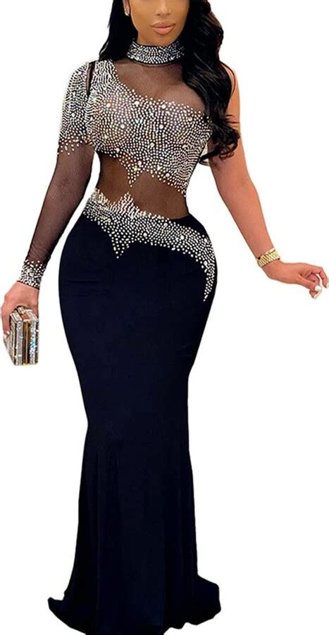 Junboon Womens Sexy Mesh See Through Rhinestone Bodycon Zipper Midi