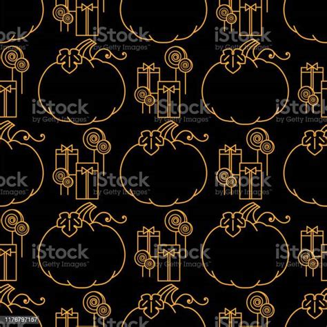 할로윈 원활한 패턴입니다 휴일 기호어두운 배경입니다 호박 선물 및 사탕과 검은 배경에 오렌지 질감 선형 반복 벽지 10월에 대한 스톡 벡터 아트 및 기타 이미지 Istock