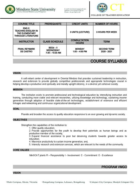 Syllabus In Teaching Literacy In The Elementary Grades Through