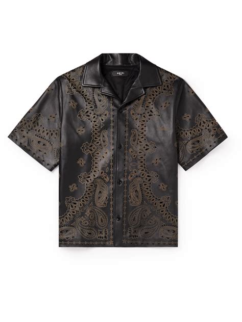 Amiri Camp Collar Laser Cut Leather Shirt In Black Modesens