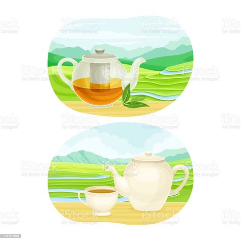 차 그린 테라스 필드 농장 컵과 찻주전자 뜨거운 향기로운 음료 벡터 세트 0명에 대한 스톡 벡터 아트 및 기타 이미지 0명 농업 도시를 벗어난 장면 Istock