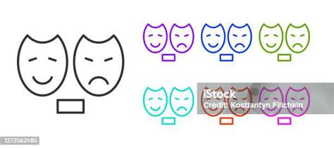 黑線喜劇和悲劇戲劇面具圖示孤立在白色背景設置圖示豐富多彩向量向量圖形及更多人圖片 人 人的臉部 人體部分 Istock