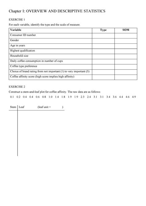 Chapter Lecture Exercises Chapter OVERVIEW AND DESCRIPTIVE STATISTICS EXERCISE For
