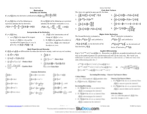 SOLUTION Calculus Cheat Sheet Derivatives Reduced Studypool