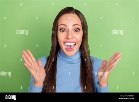 Photo Of Excited Crazy Funky Lady Open Mouth Wow Reaction Wear Blue