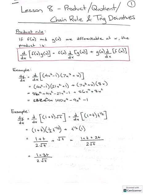Lesson 8 Product Quotient Chain Rules And Trig Derivatives Notes