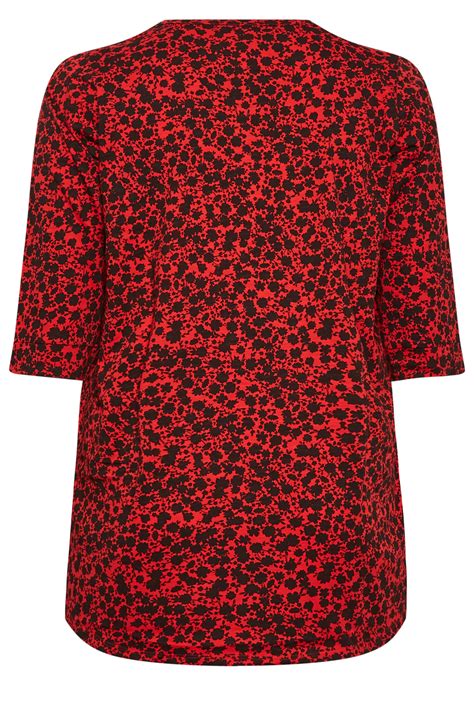Yours Plus Size 2 Pack Black And Red Ditsy Floral Pintuck Henley Tops