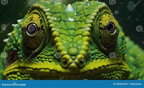 Ai Generated Illustration Of A Green Lizard Eyes Looking Into The