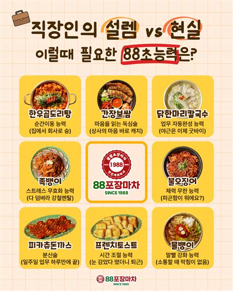 88포장마차 공식 인스타그램 👜 직장인의 설렘 Vs 현실 이럴 때 필요한 88 초능력은 순간이동 능력 업무 자동완성 능력 등등 88 초능력이 필요할 것 같은 내