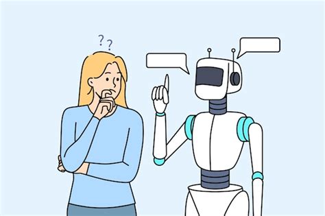 Premium Vector Robot Helps Woman Thinking About Solving Complex Issue And Turned To Ai For Help