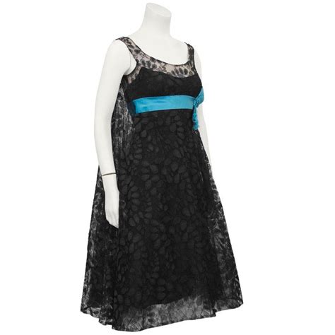 1950s Saks Fifth Avenue Black Lace Cocktail Dress With Turquoise