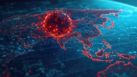 Digital Visualization Of Virus Spread Over Earth With Glowing Red Details On Asia And Europe