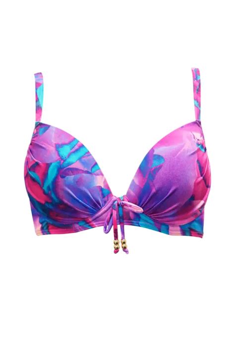 Cabana Underwired Padded Push Up Boost Ruched Top In Purple Floral