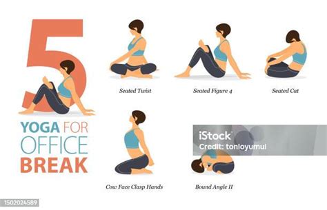 5 요가 자세 또는 아사나 자세는 사무실 휴식 개념에서 운동합니다 신체 스트레칭을 위해 운동하는 여성 피트니스 인포그래픽 플랫 만화 벡터입니다 요가에 대한 스톡 벡터 아트