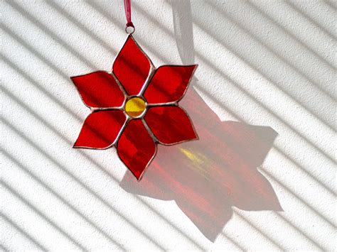 Stained Glass Poinsettia Set Suncatcher Christmas Tree Etsy