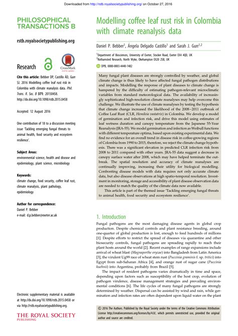 Pdf Modelling Coffee Leaf Rust Risk In Colombia With Climate