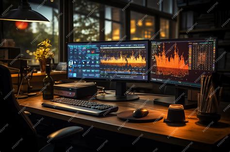Triplemonitor Workstation Multifaceted Data Analysis In Realtime Premium Ai Generated Image