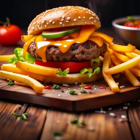 Premium Photo A French Fries And Delicious Veg Burger Combo In Plate