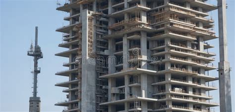 High Rise Building In Construction Phase With Steel Framework Concrete