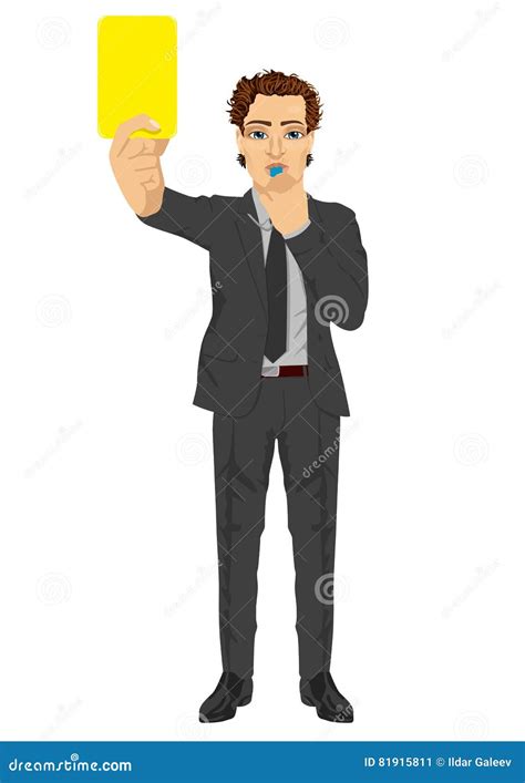 Businessman Referee Showing Yellow Card Warning Blowing Whistle Stock