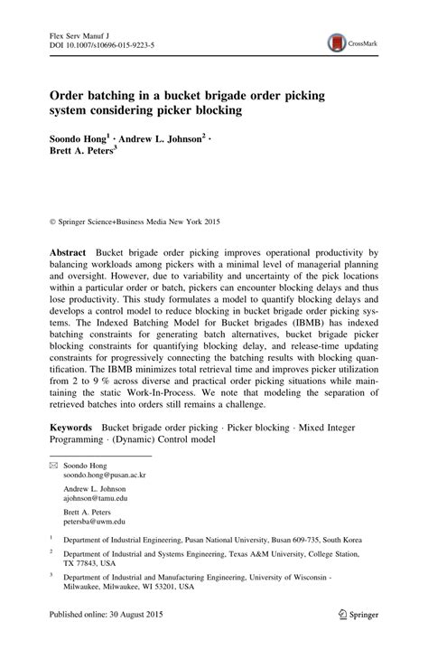 Pdf Order Batching In A Bucket Brigade Order Picking System