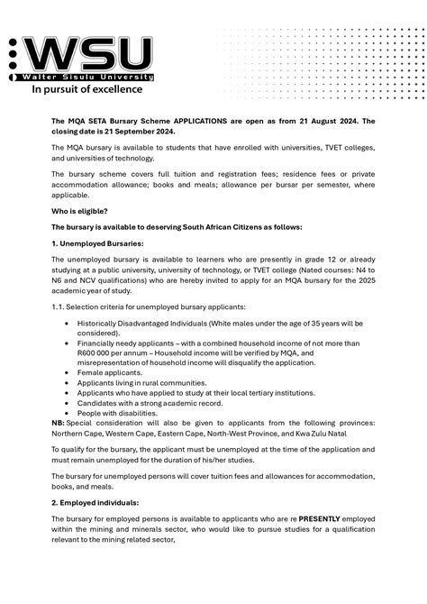 The Mqa Seta Bursary Scheme Walter Sisulu University