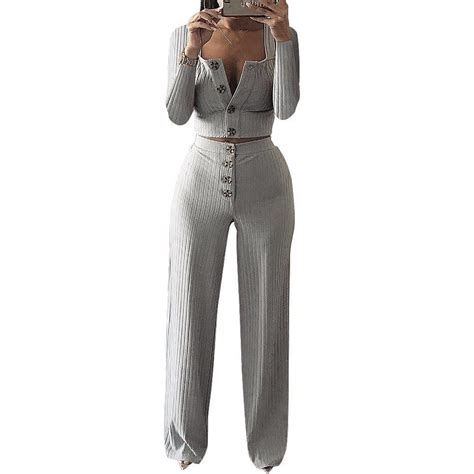 Autumn Women Sexy Crop Top Wide Leg Pant Knitted 2 Piece Set Elegant