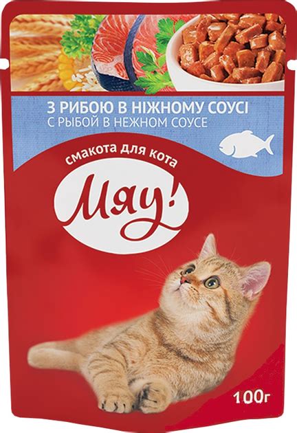 Влажный корм для взрослых кошек Мяу со вкусом рыбы в нежном соусе 100 г 4820083901829