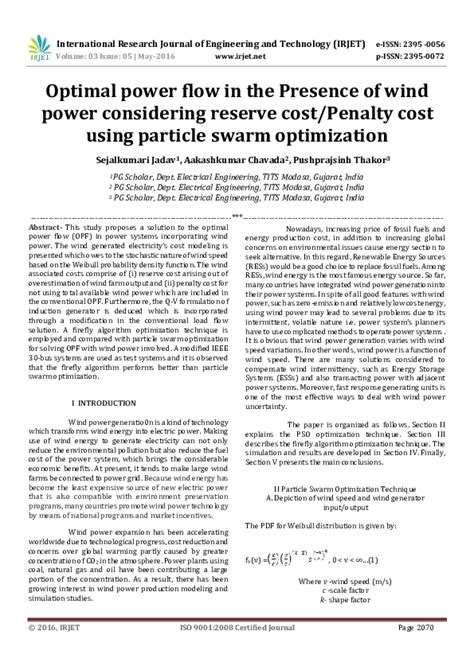 Pdf Optimal Power Flow In The Presence Of Wind Power Considering