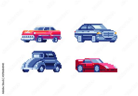 Vehicles Car Transport Icons Pixel Art 8 Bit Red Sport Car Isolated