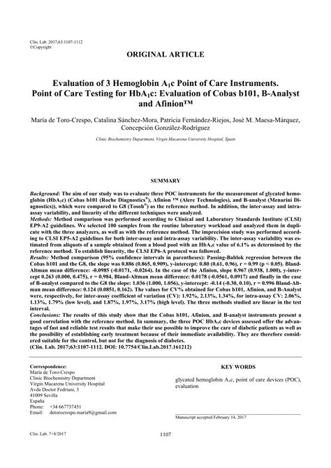 PDF Evaluation Of 3 Hemoglobin A 1 C Point Of Care Instruments Point Of Care Testing For HbA