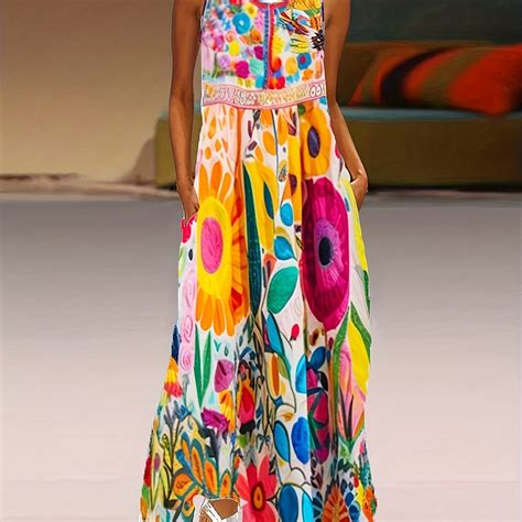 Plus Size Casual Tank Dress Womens Plus Floral Print Round Neck Loose