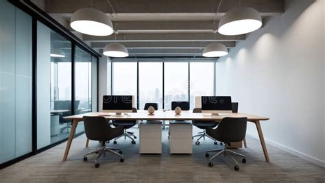 Modern Office Workspace With Panoramic City View And Sleek Contemporary Furniture Stock