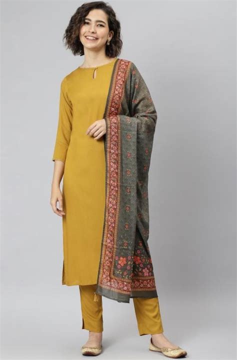 Buy Janasya Womens Mustard Rayon Straight Kurta With Pant And Dupatta