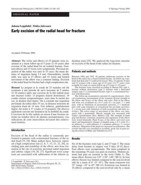 Pdf Early Excision Of The Radial Head For Fracture