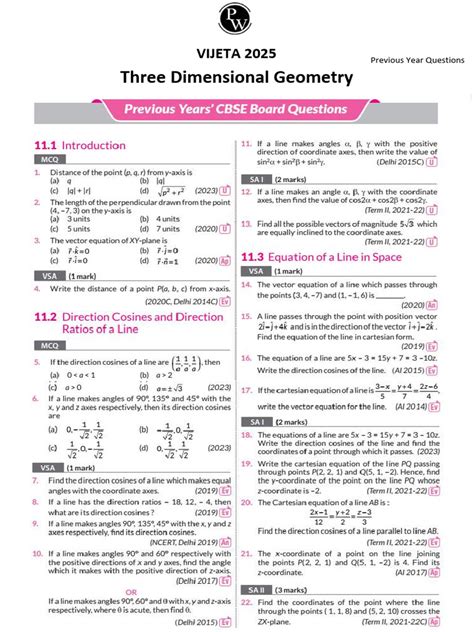 Three Dimensional Geometry Previous Year Questions Vijeta 2025 Pdf
