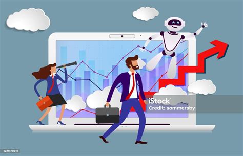 랩톱 화면에서 비즈니스의 로봇 어시스턴트가 이동을 위한 헤드 디렉션을 성공으로 유도합니다 행복한 직원들은 인공 지능 덕분에 성장 하는 일정에 의해 주도 하는 성공적인 미래를