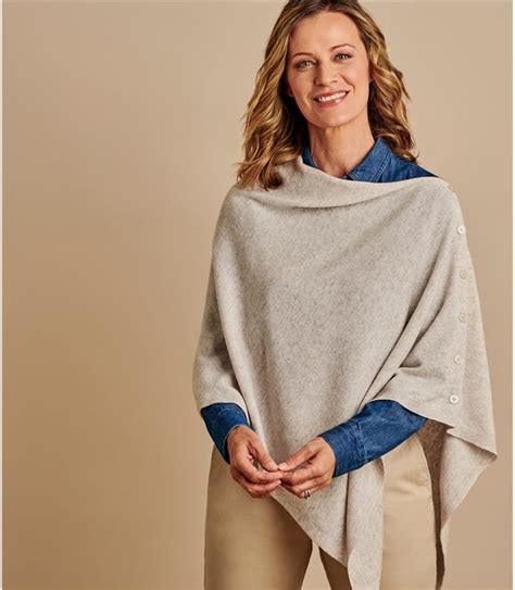 Dove Grey Womens Cashmere Merino Blend Button Poncho WoolOvers UK