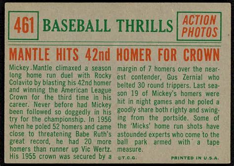 1959 Topps 461 Mickey Mantle Baseball Thrills 42nd Homer Pristine