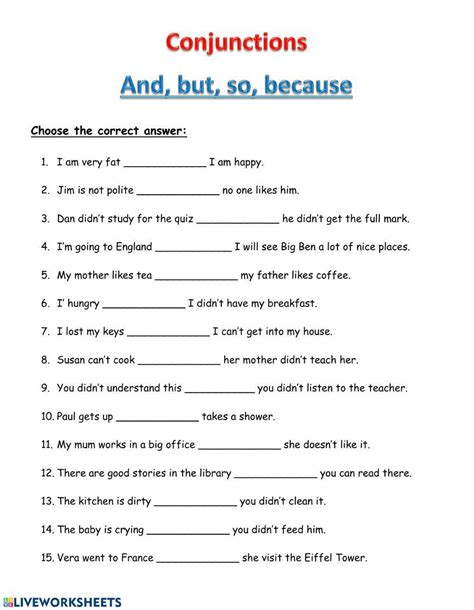 Conjunctions And But Or Because English Esl Worksheet