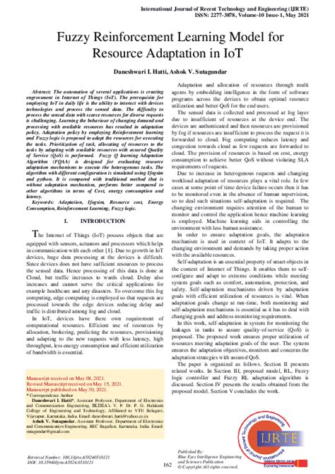 Pdf Fuzzy Reinforcement Learning Model For Resource Adaptation In Iot Ashok Sutagundar