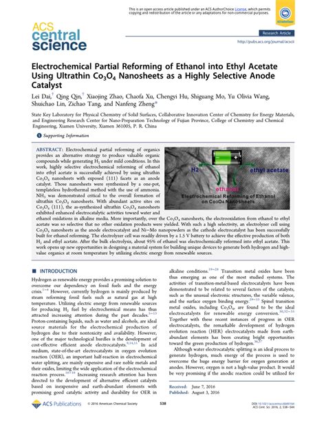 Pdf Electrochemical Partial Reforming Of Ethanol Into Ethyl Acetate Using Ultrathin Co3o4
