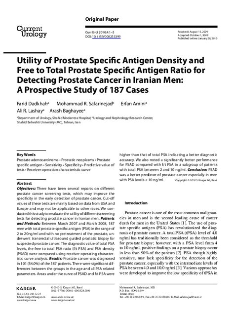 Pdf Utility Of Prostate Specific Antigen Density And Free To Total Prostate Specific Antigen