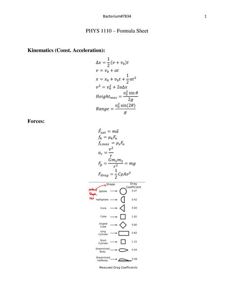 Phys 1110 Revised Formula Sheet Phys 1110 Formula Sheet