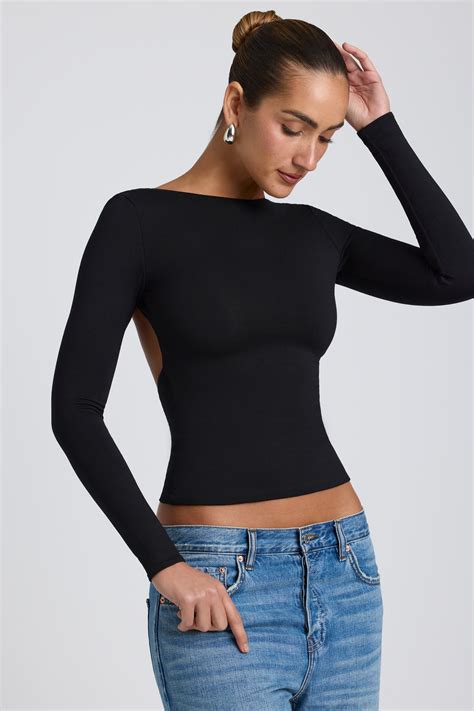 Elli Modal High Neck Long Sleeve Open Back Top In Black Oh Polly