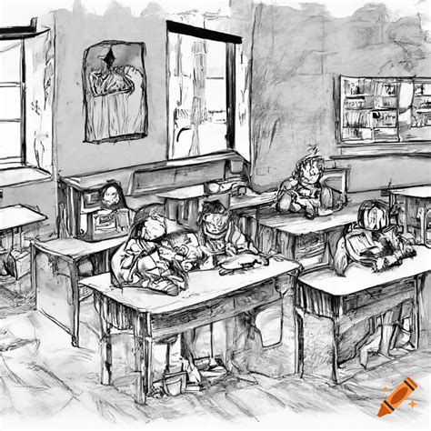 Comic Style Illustration Of The Interior Of A Classroom Of A School In