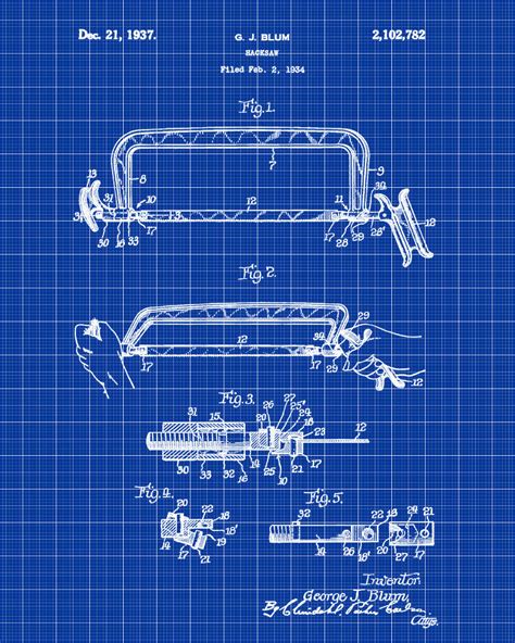 Hacksaw Patent Print Hand Tools Blueprint Workshop Poster Gallerythane